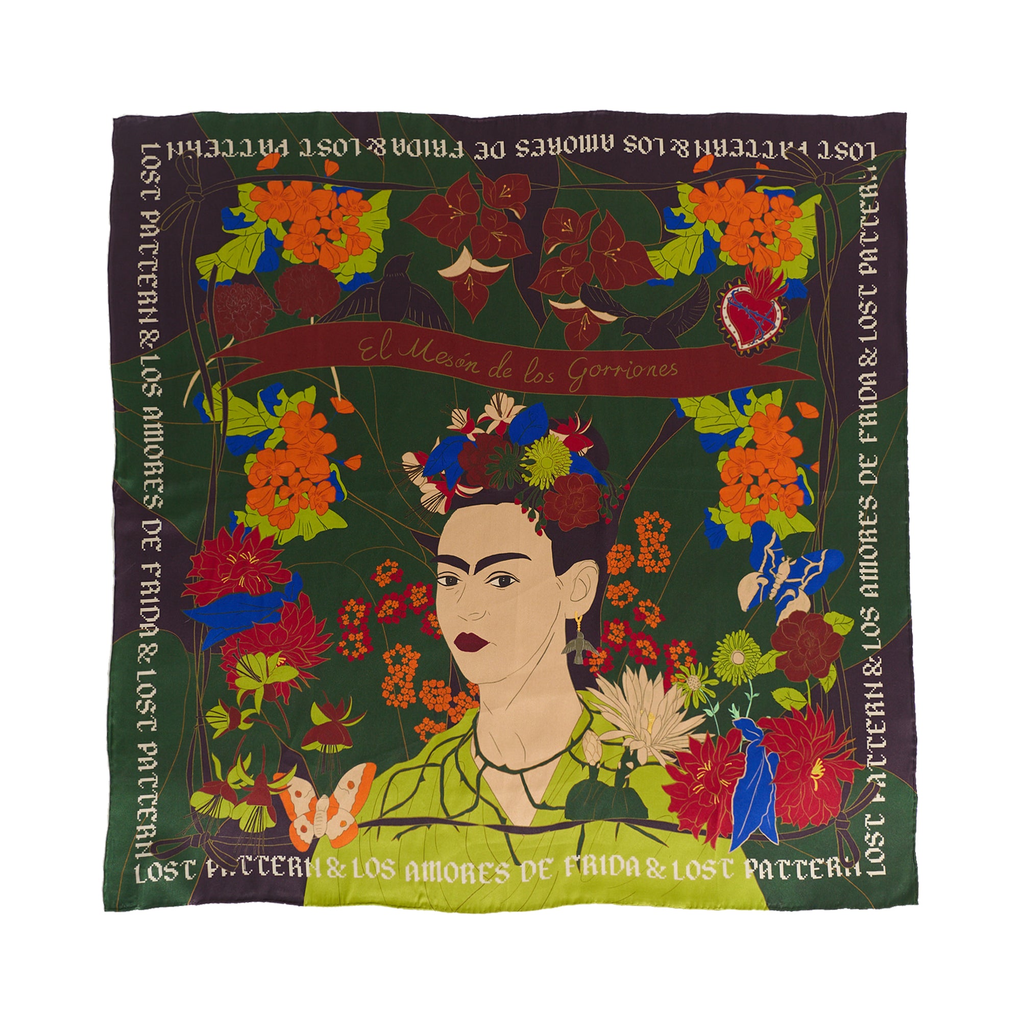 FRIDA x LOST PATTERN "Los Amores de Frida" Large Silk Scarf - Dark Gre