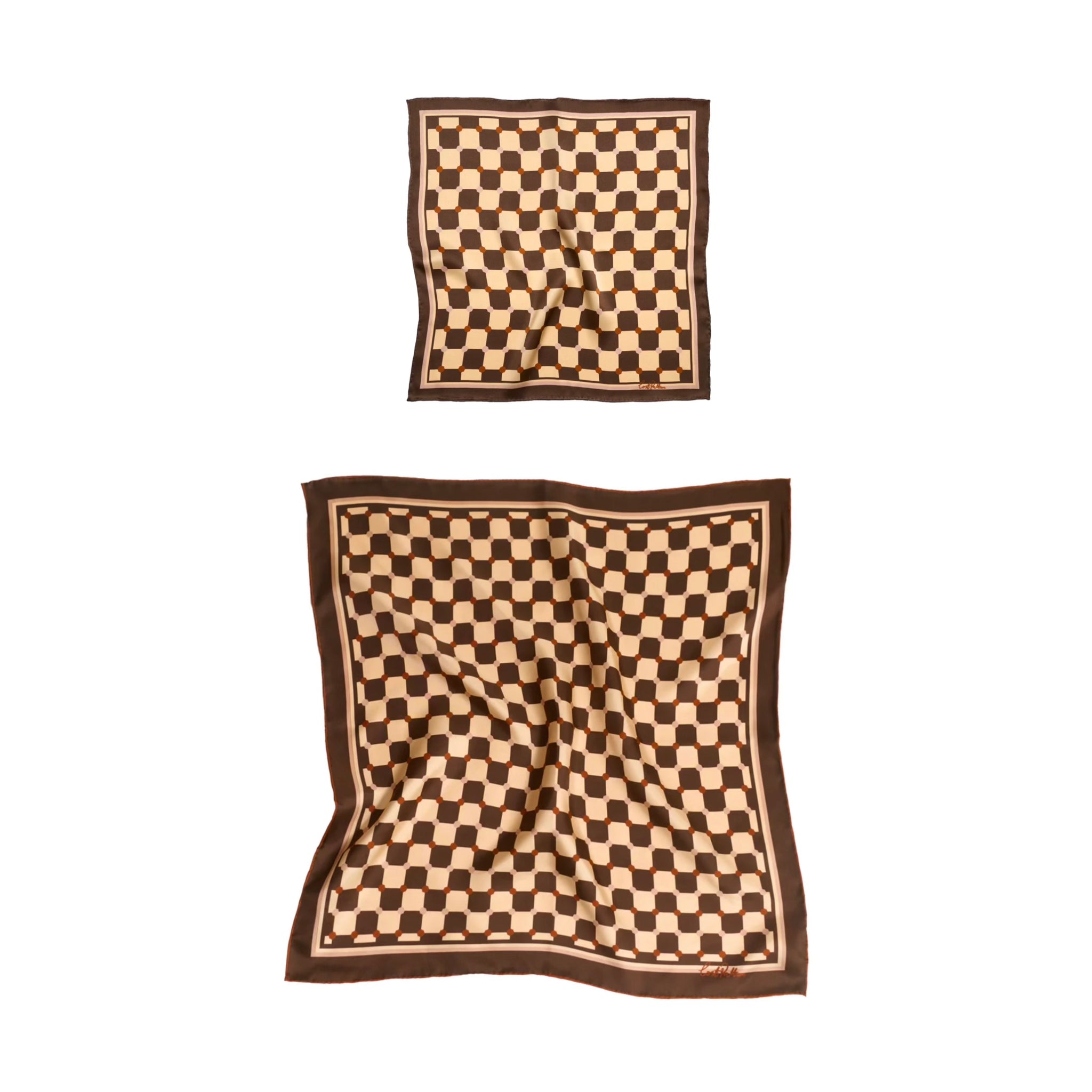 "Checkerboard" Silk Pocket Square & Silk Bandana Scarf Set - Coffee