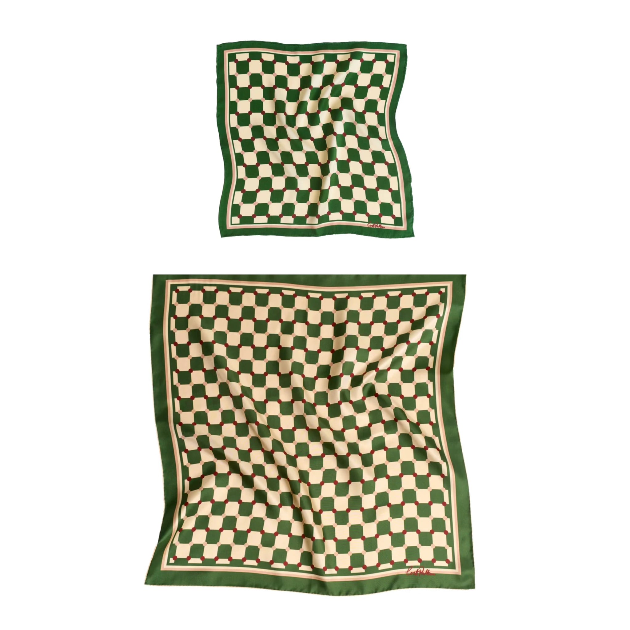 "Checkerboard" Silk Pocket Square & Silk Bandana Scarf Set - Green